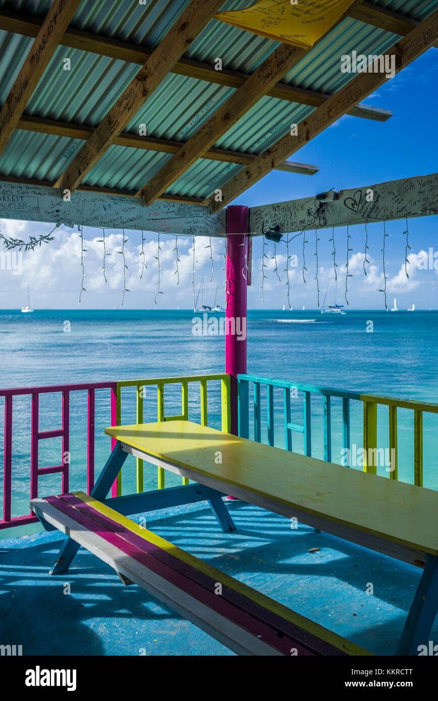 British Virgin Islands, Anegada, Setting Point, beach bar, tables Stock ...