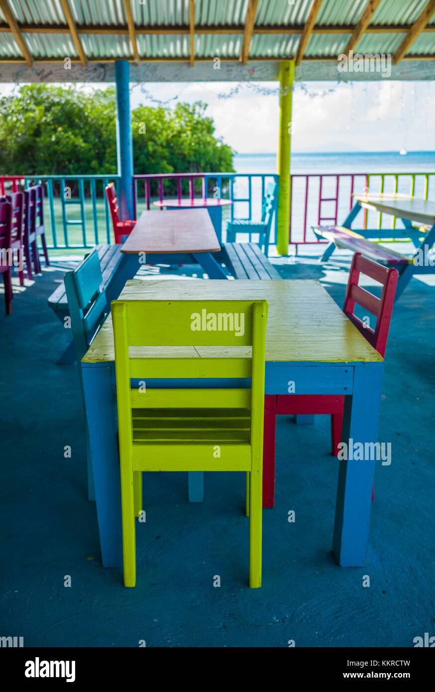 British Virgin Islands, Anegada, Setting Point, beach bar, tables Stock ...