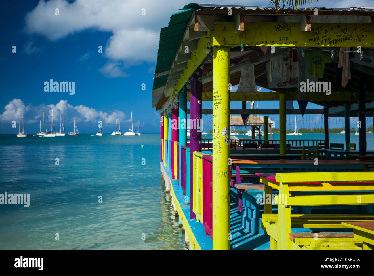 British Virgin Islands, Anegada, Setting Point, beach bar, tables Stock ...