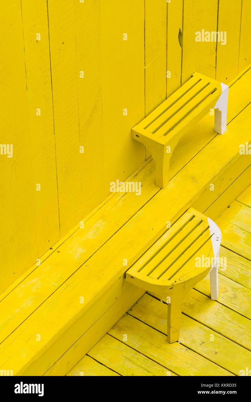French West Indies, St-Barthelemy, Gustavia, yellow benches Stock Photo ...