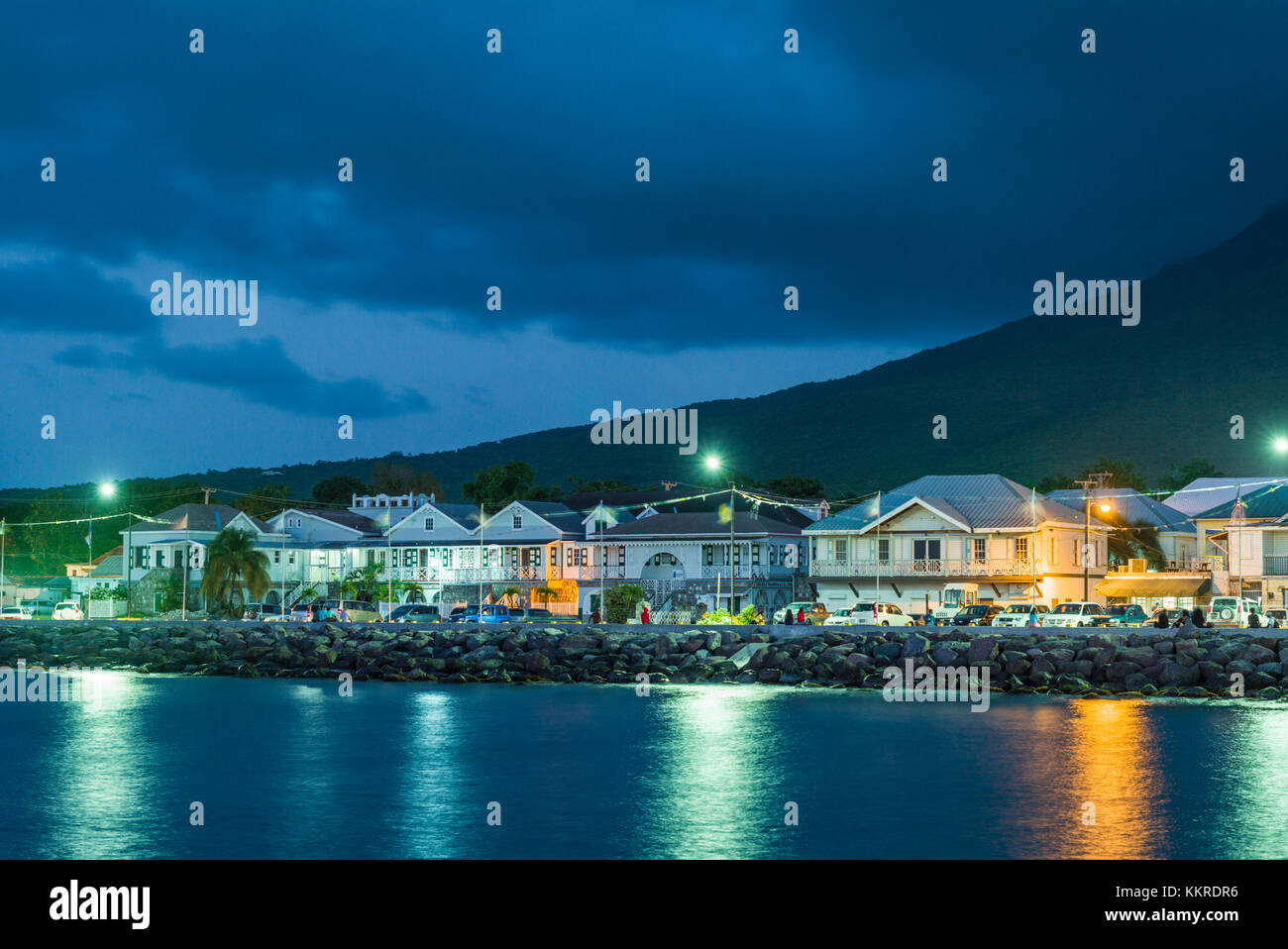 St. Kitts and Nevis, Nevis, Charlestown, waterfront buildings, dusk ...