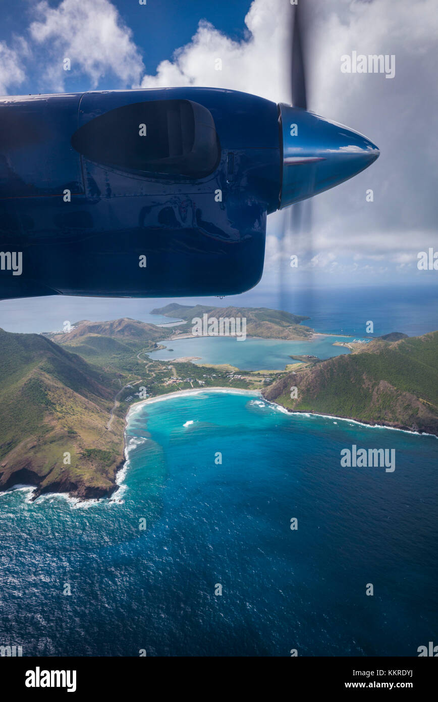 St. Kitts and Nevis, Nevis, aerial view from propellor-driven aircraft ...
