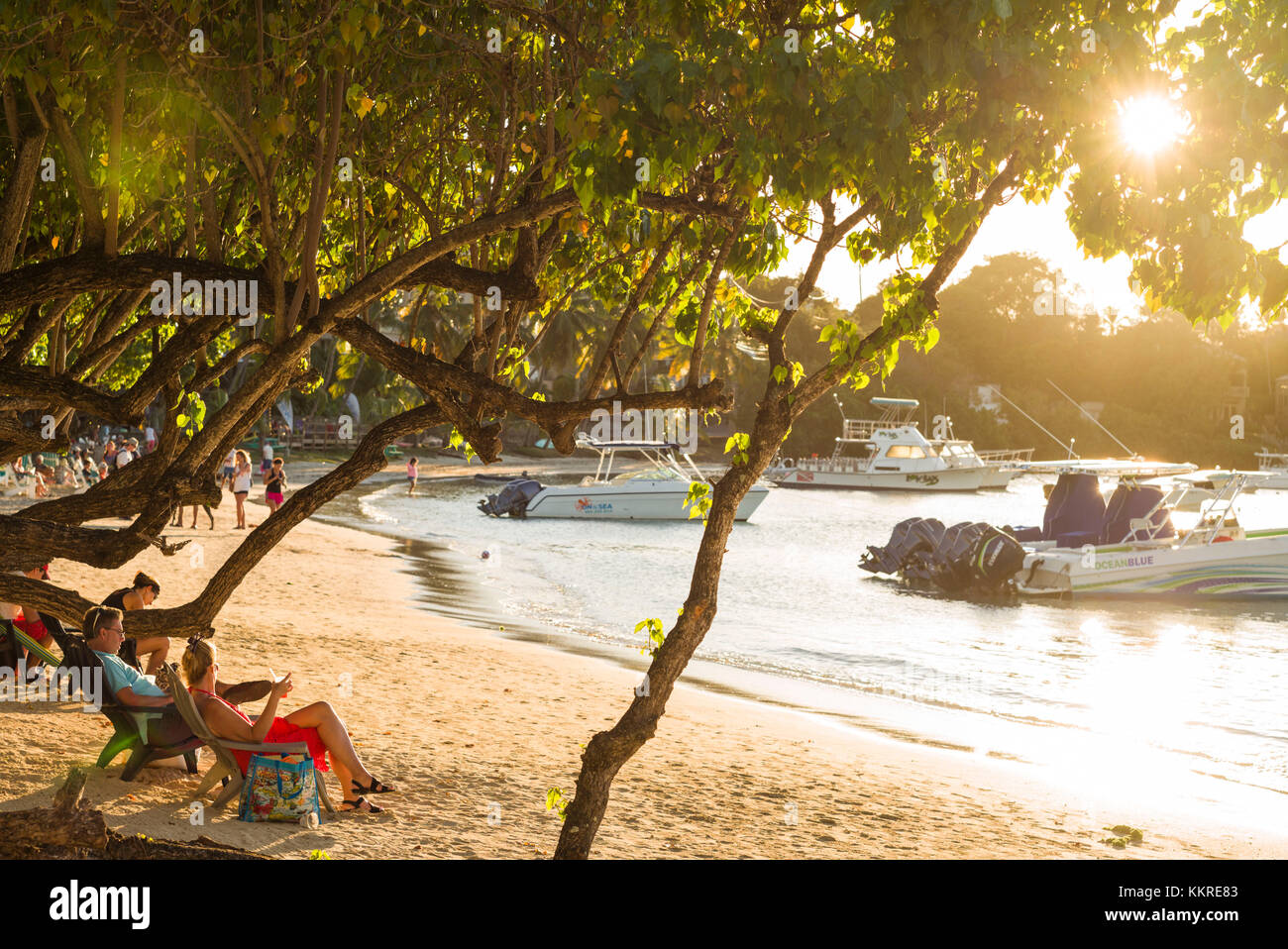 U.S. Virgin Islands, St. John, Cruz Bay, Cruz Bay Beach with people ...