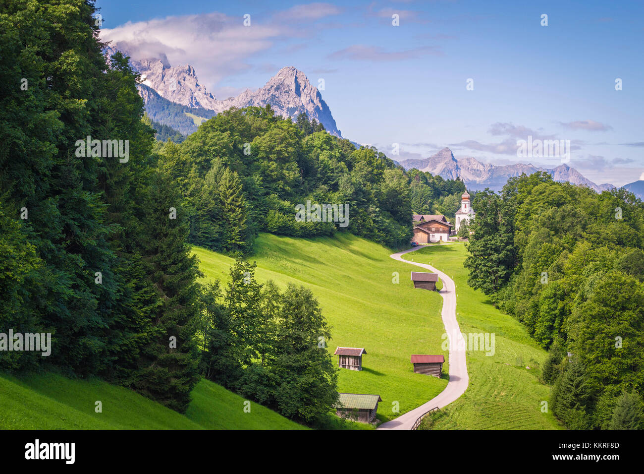 Wamberg village with Mount Zugspitze and Waxenstein on the background ...