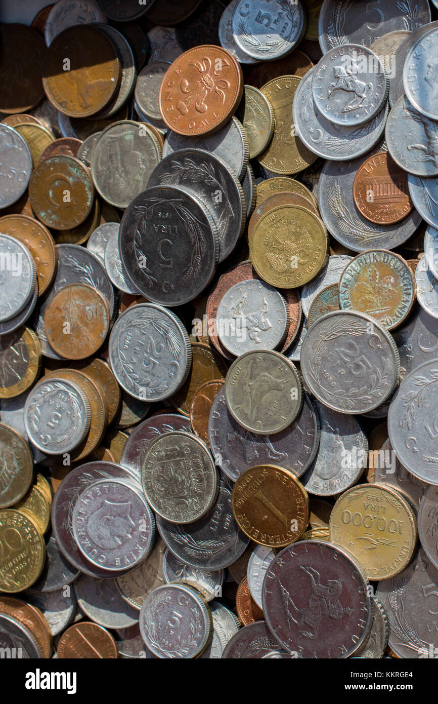 Old metal coin collectiions of various currencies Stock Photo - Alamy