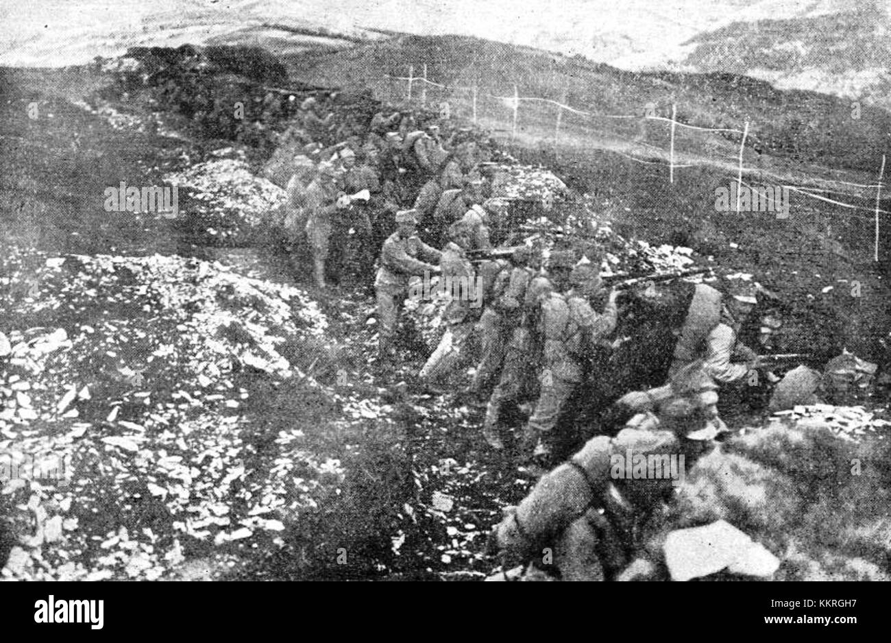 A historical image showing Austro-Hungarian soldiers in a trench ...