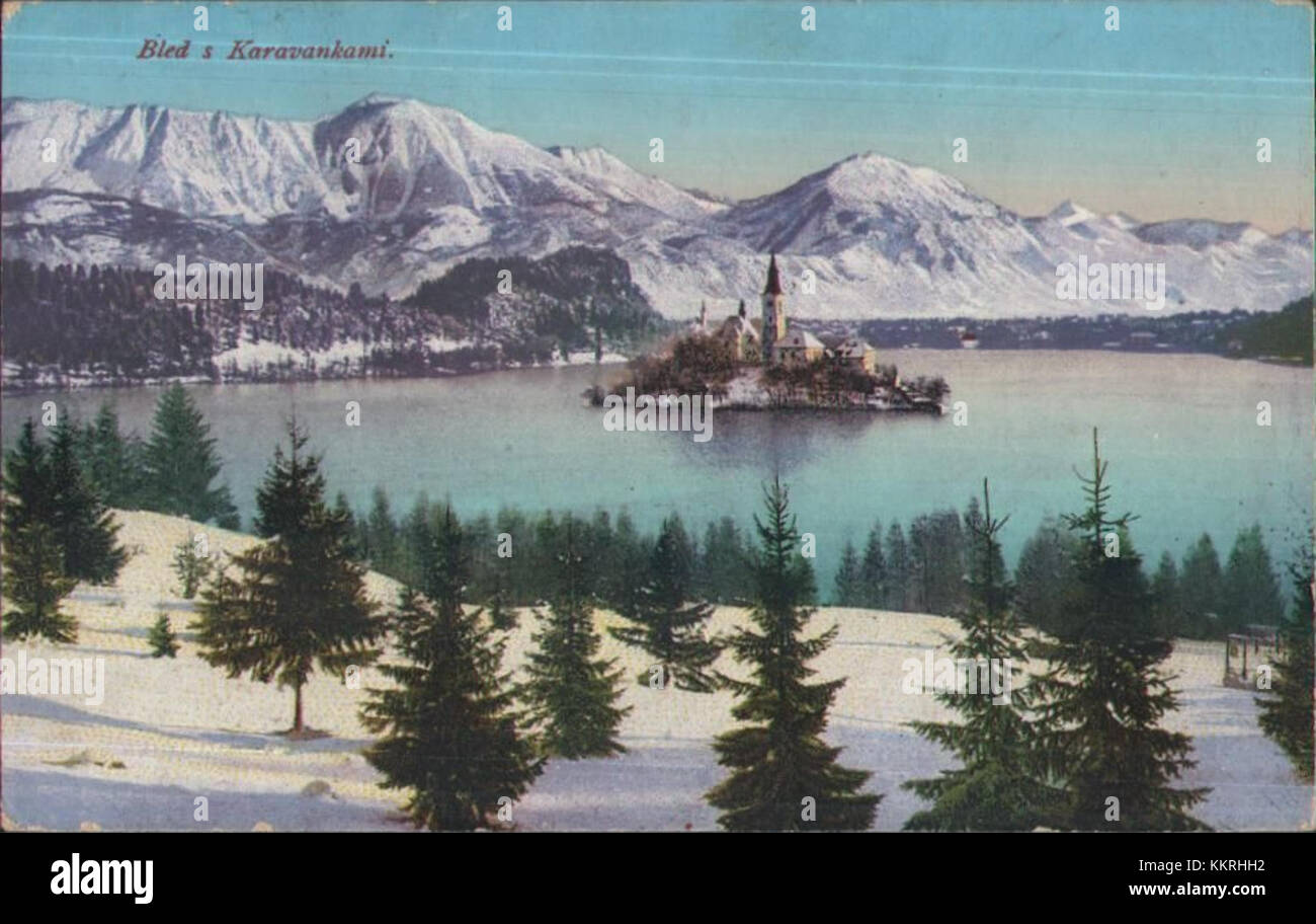 This postcard depicts Bled, a picturesque town in Slovenia known for ...