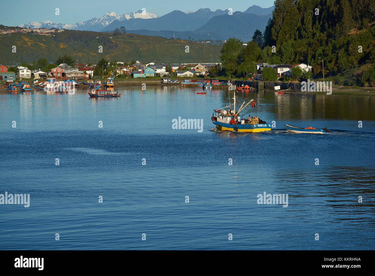 Fishing boat in the busy port of Puerto Montt in Southern Chile Stock ...