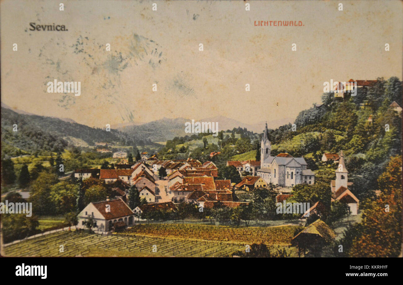 This 1911 postcard depicts Sevnica, a town in Slovenia, highlighting ...