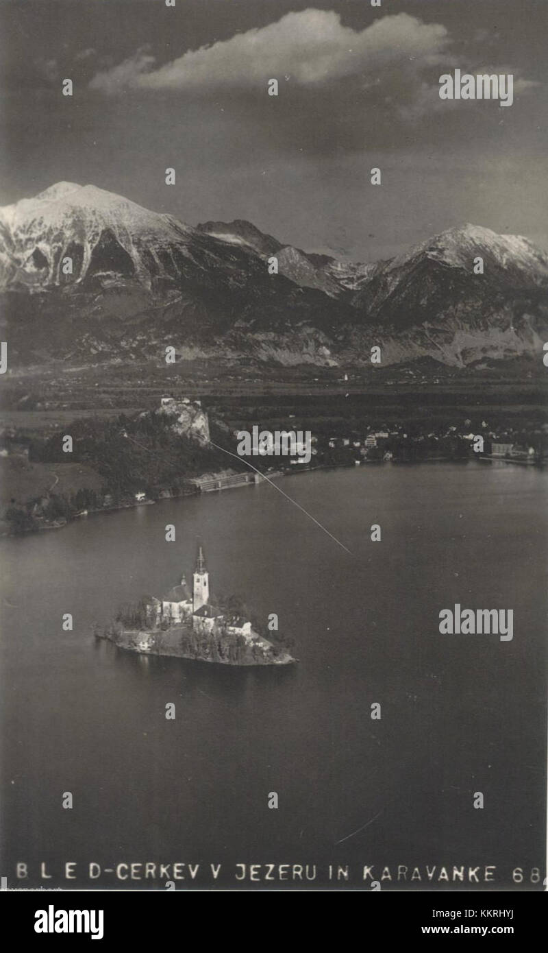 This vintage postcard from 1932 depicts the scenic town of Bled ...