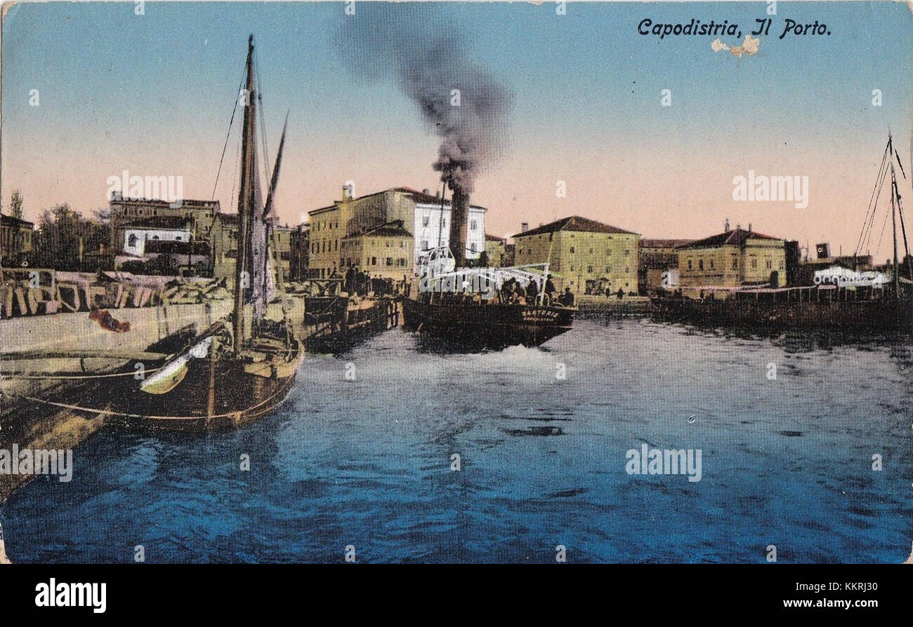 This vintage postcard depicts Koper, a coastal city in Slovenia. It ...