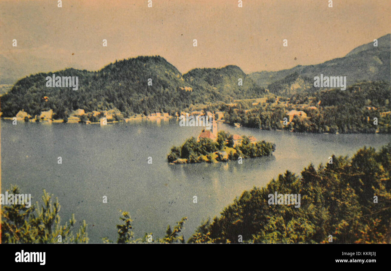 This postcard from 1943 depicts Bled, a picturesque town in Slovenia ...