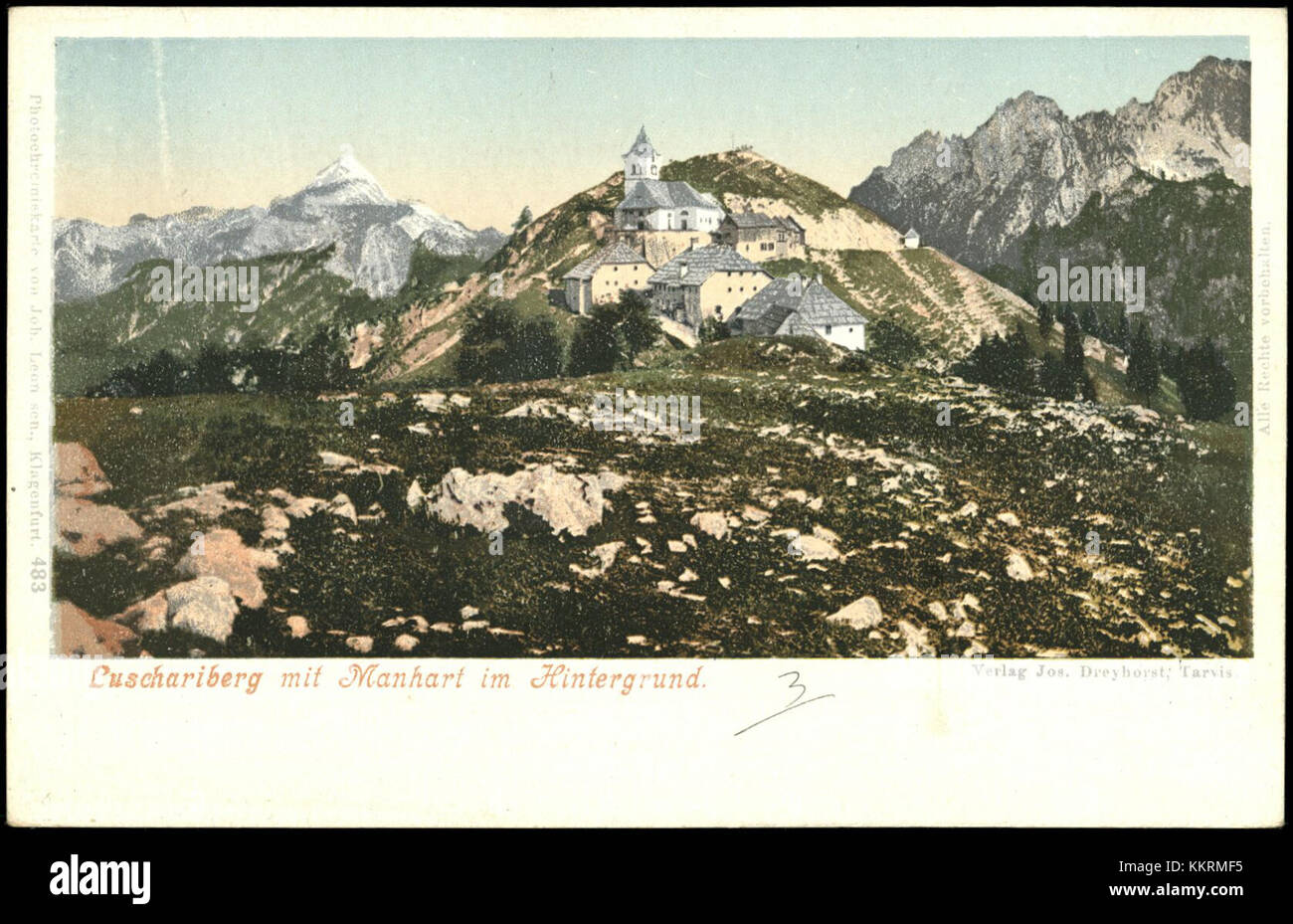 This postcard depicts Mangart, a prominent mountain in the Julian Alps ...