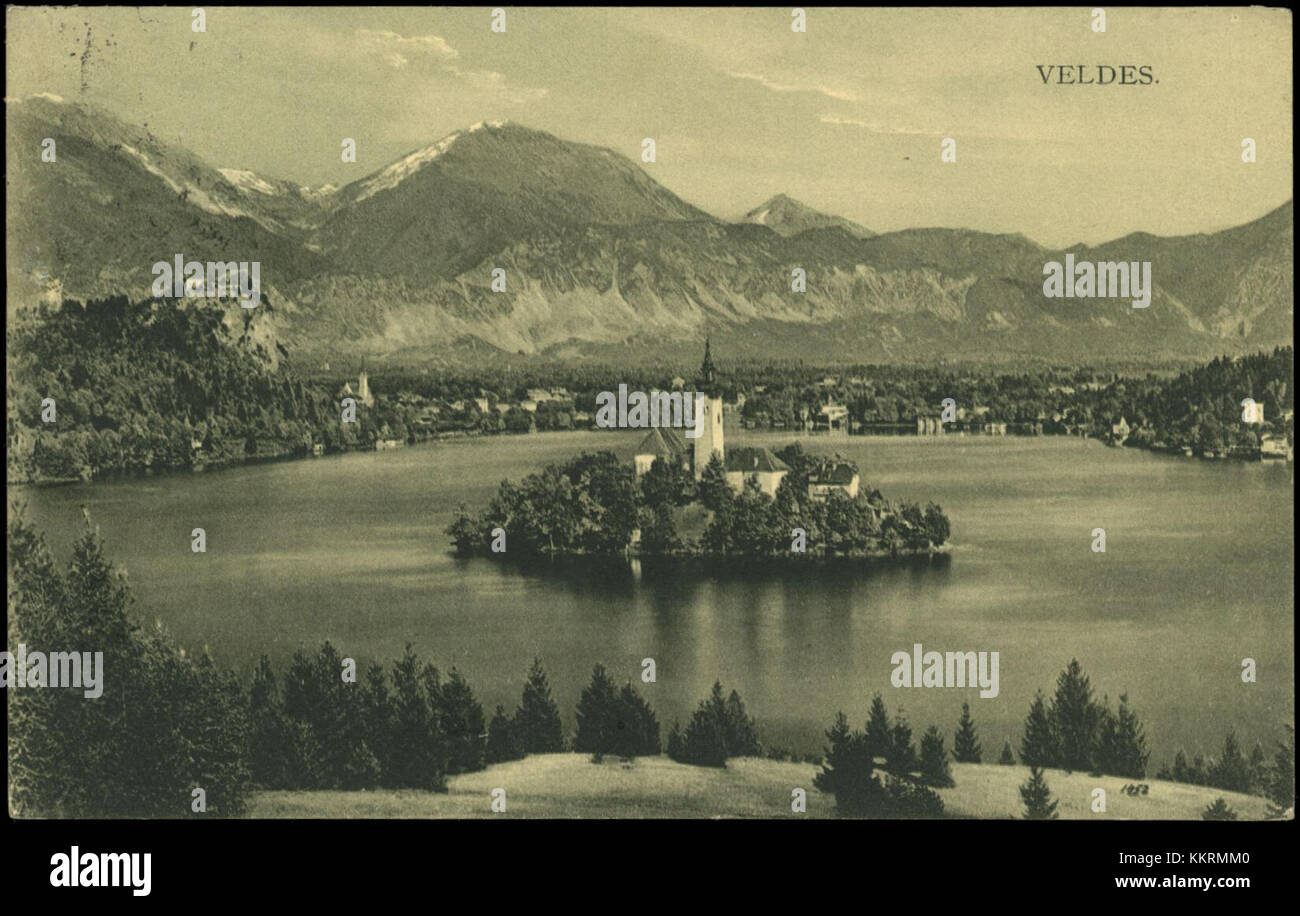 A vintage postcard showcasing the iconic Lake Bled in Slovenia ...
