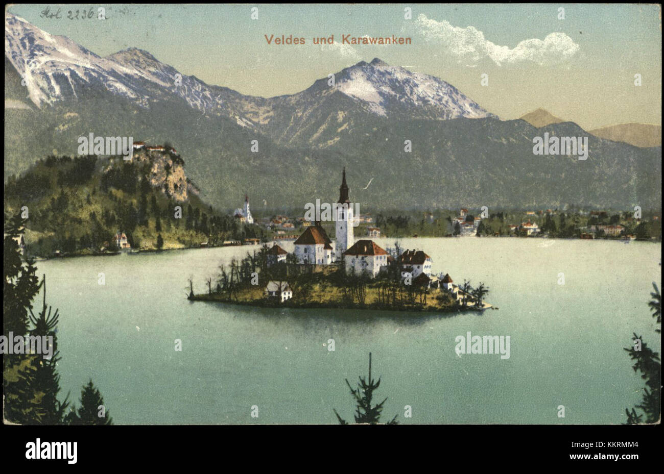 A postcard from 1910 depicting Lake Bled, Slovenia, showcasing the ...