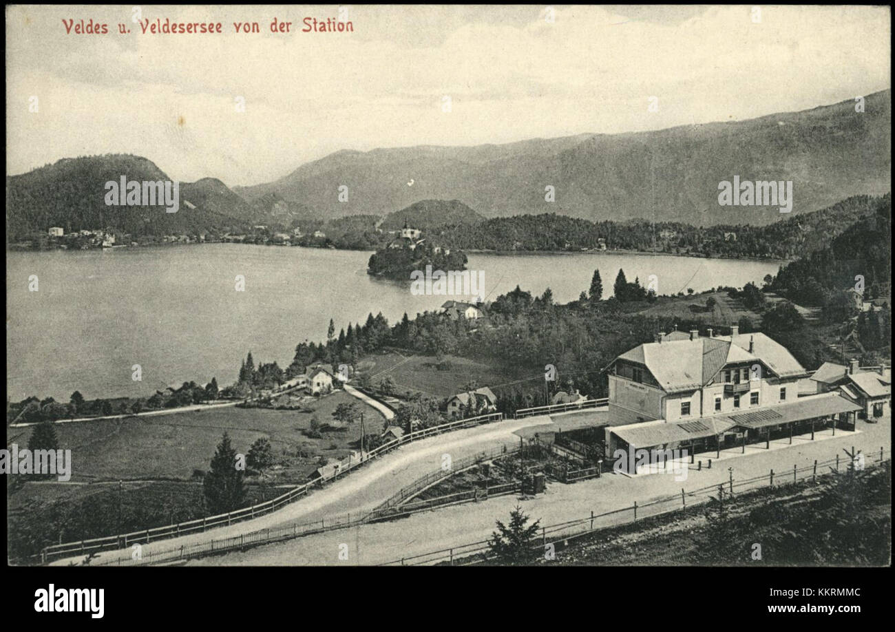 This vintage postcard from 1908 features Lake Bled, a picturesque lake ...