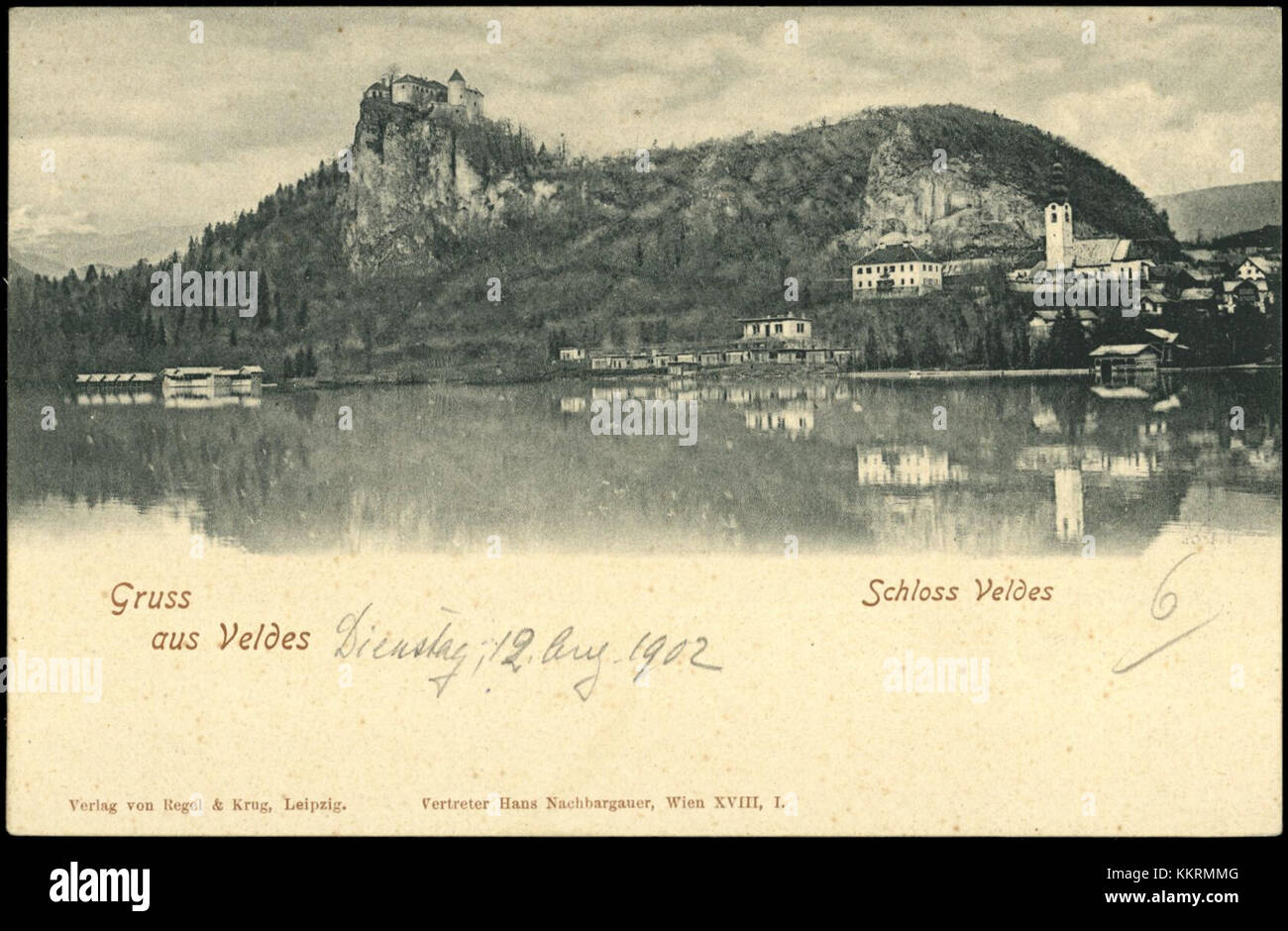 A historical postcard of Lake Bled in Slovenia from 1902, capturing the ...