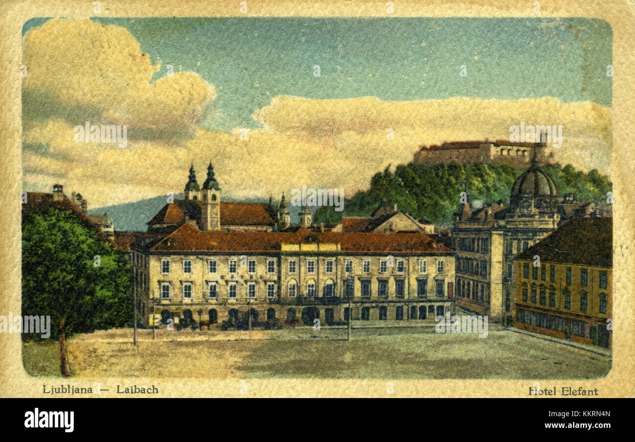 The postcard showcases Hotel Slon, a well-known hotel with historical ...