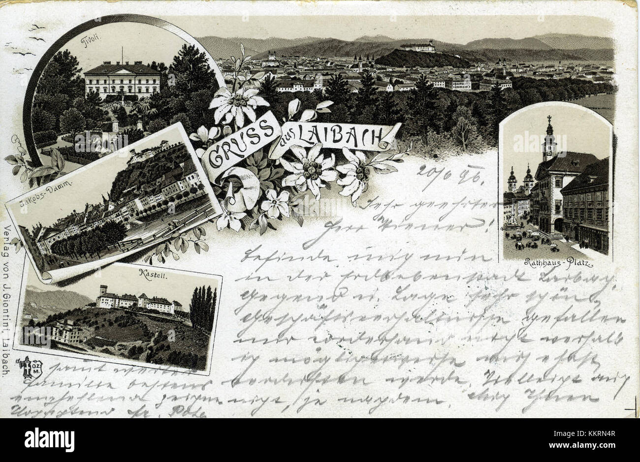 'Pozdravi iz Ljubljane' is a postcard from 1896 featuring a scenic view ...