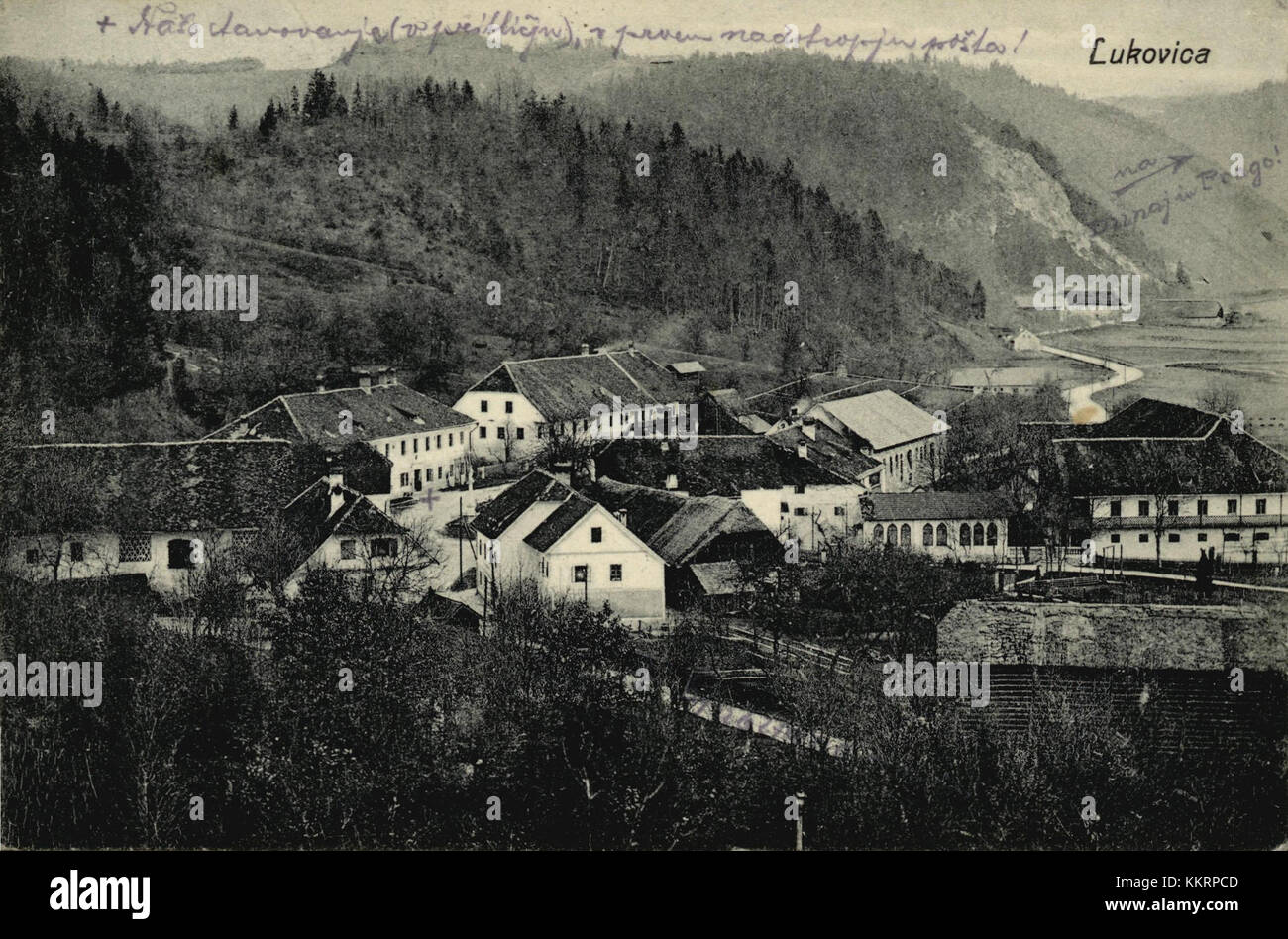 A vintage postcard depicting Lukovice, a town in Slovenia, showing its ...
