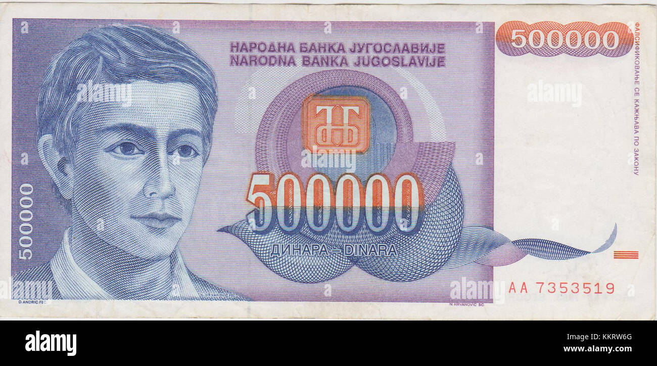 A Yugoslav 500,000 dinar banknote from 1993, a significant denomination ...
