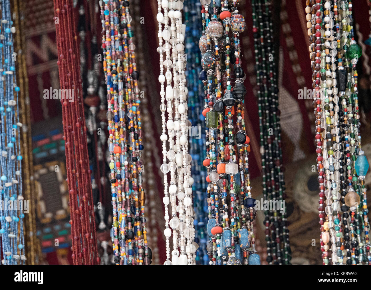 Moroccan bead stall with necklaces hung across it Stock Photo - Alamy