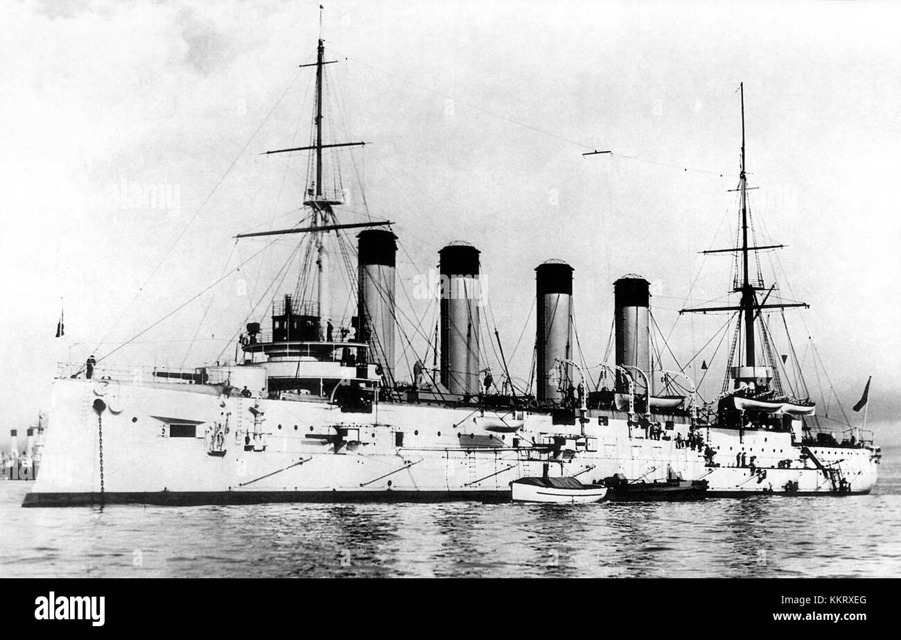 A 1903 image of the Bayan ship, shown docked in Kronstadt. The vessel ...