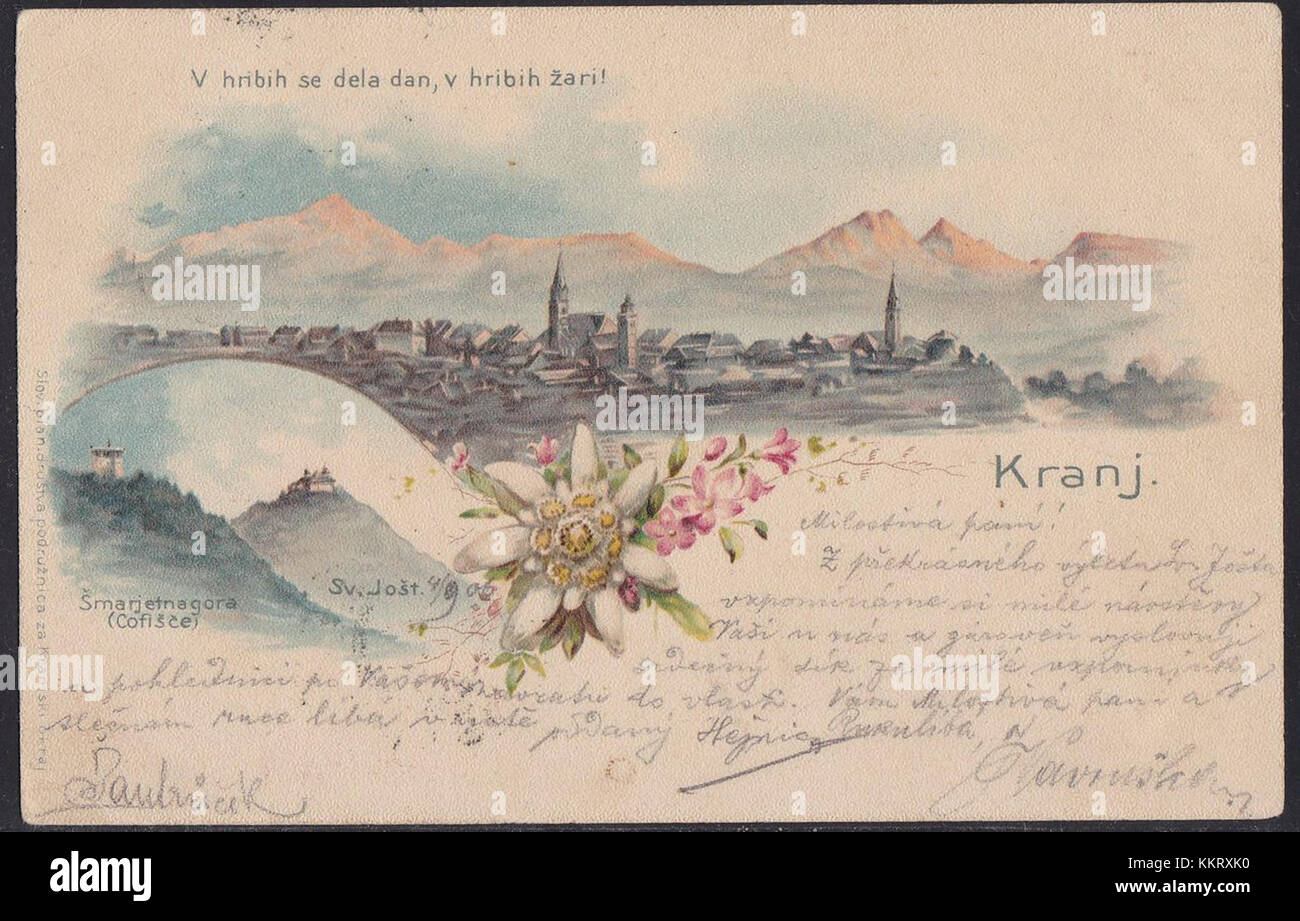 This early 1900s postcard features a scenic view of Kranj, Slovenia. It ...