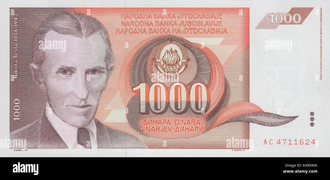 The 1000 dinara note, issued in 1990, is a currency from Yugoslavia ...