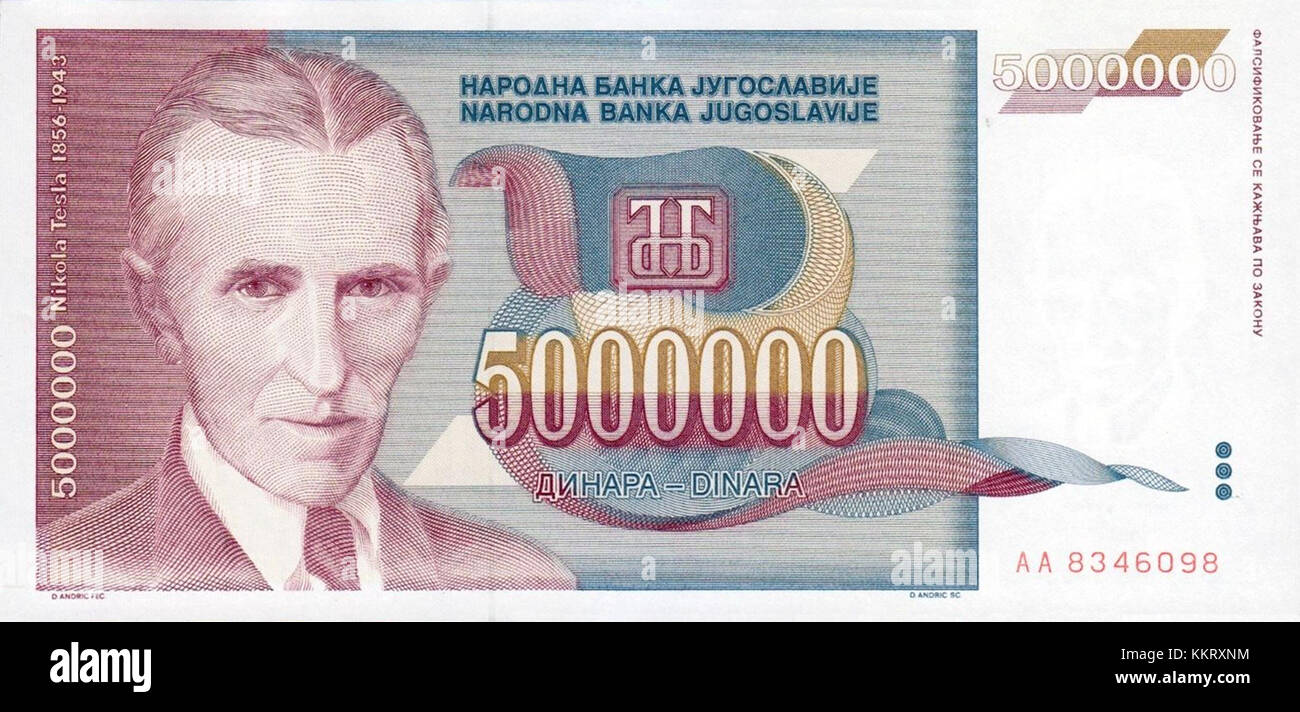 An image of the 5,000,000 dinara banknote from 1993, issued in ...