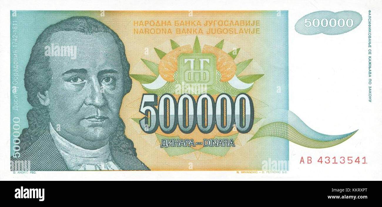 The 500,000 Dinara banknote, issued in 1993, was part of Yugoslavia's ...
