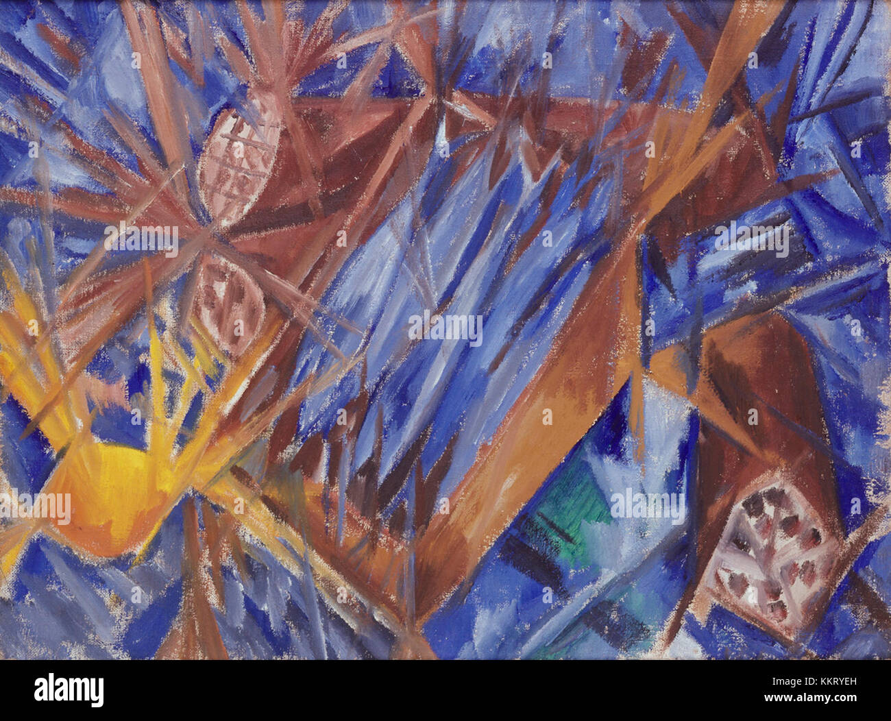 Rayonist Sausages and Mackerel, a 1912 painting by Russian artist ...