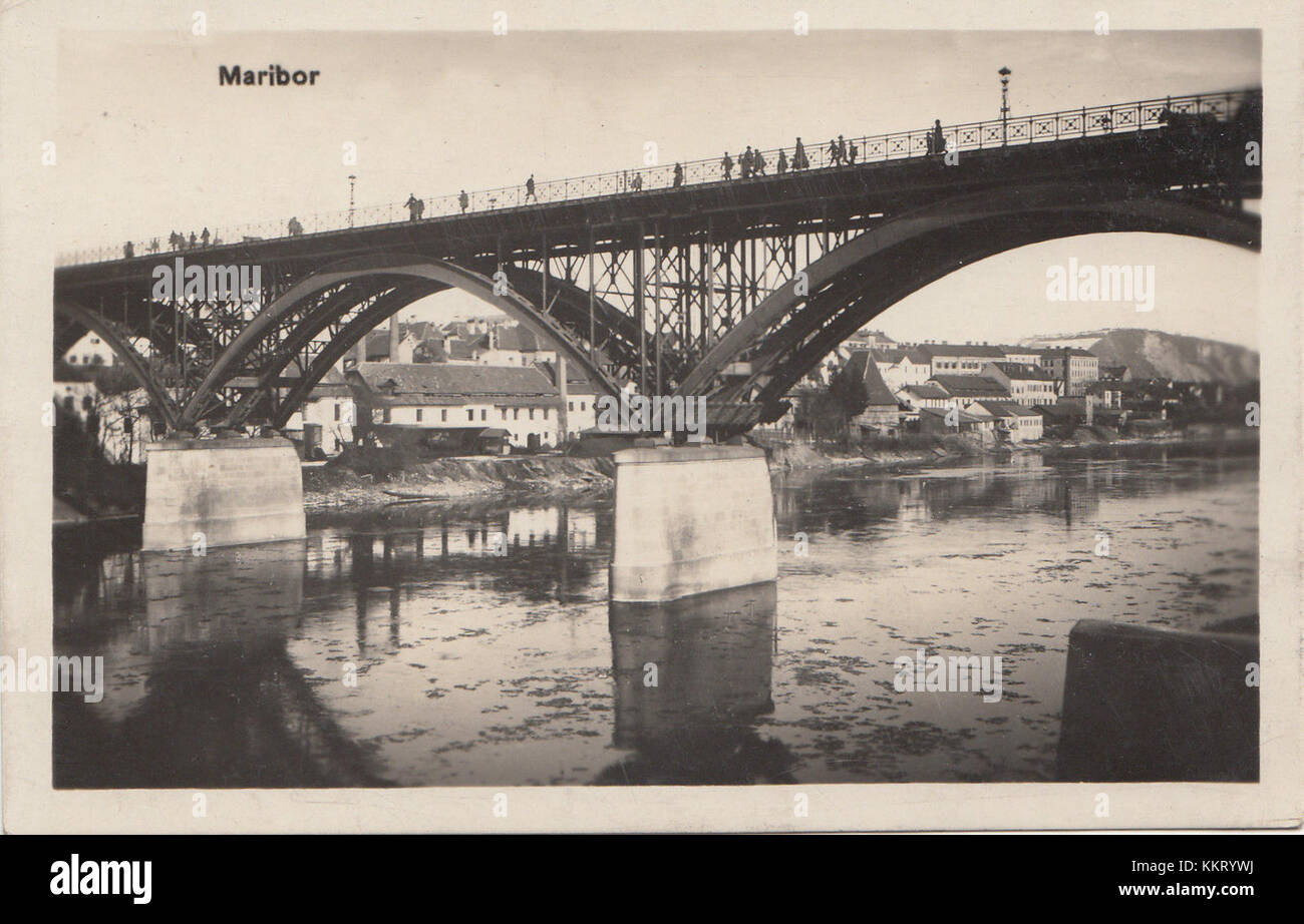 A vintage postcard from 1928 depicting the Old Bridge in Maribor ...