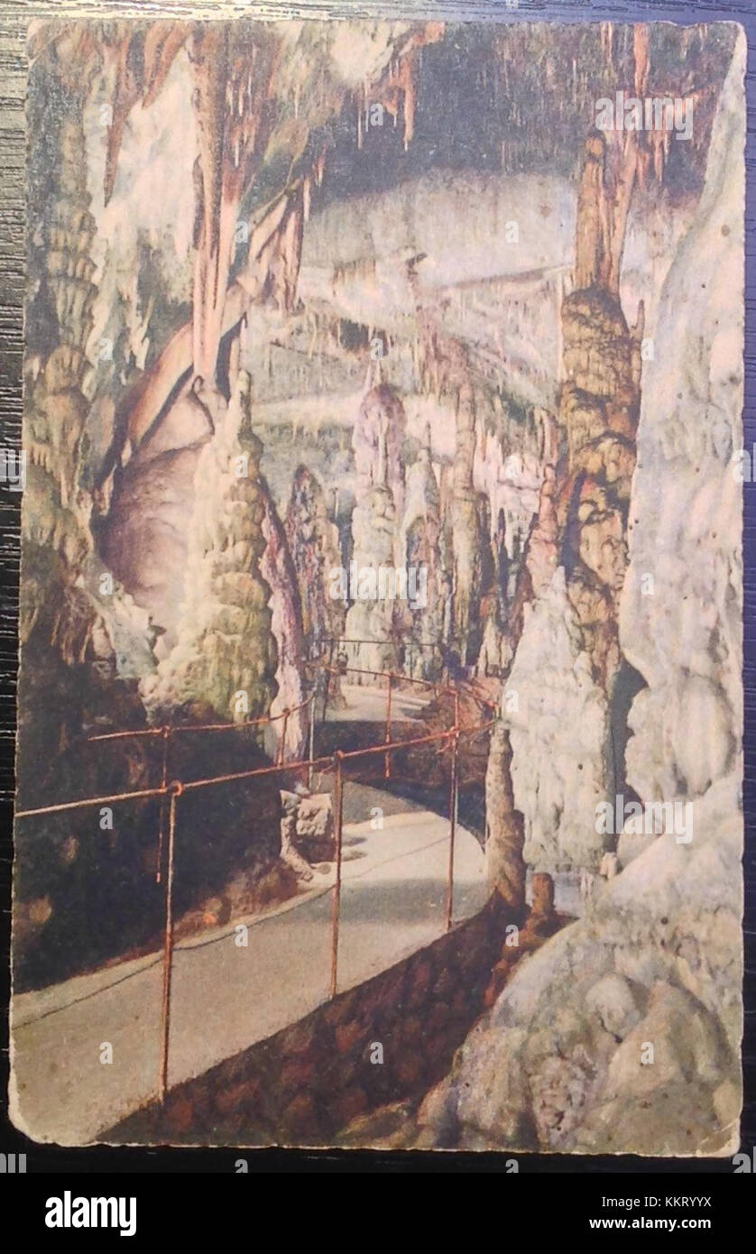 A vintage postcard from the 1930s depicting the famous Postojna Cave in ...