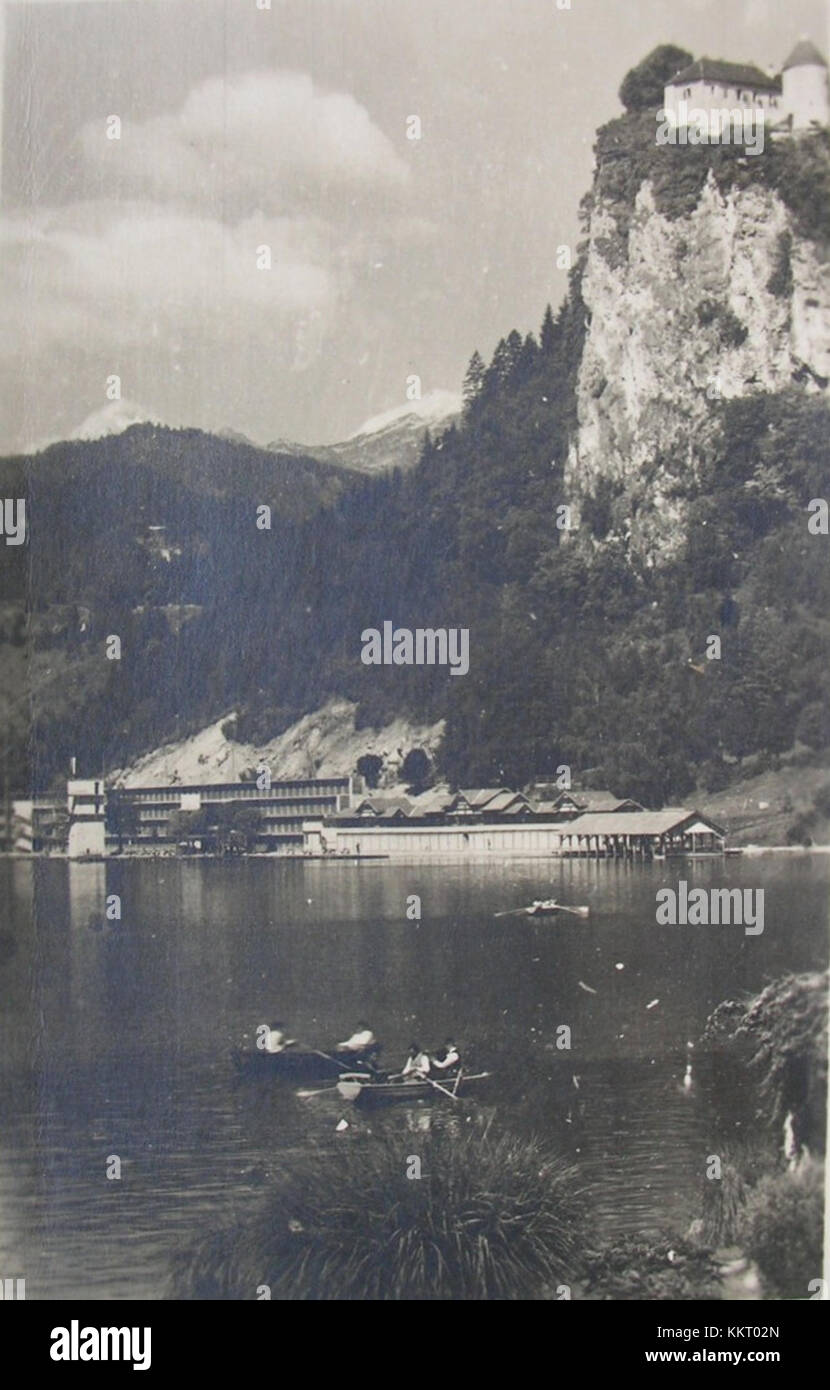 This vintage postcard from 1951 depicts the scenic beauty of Lake Bled ...