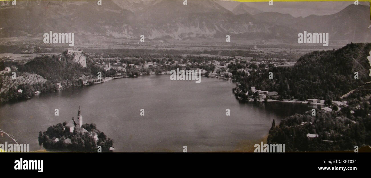 This postcard from 1958 depicts the beautiful lakeside town of Bled ...