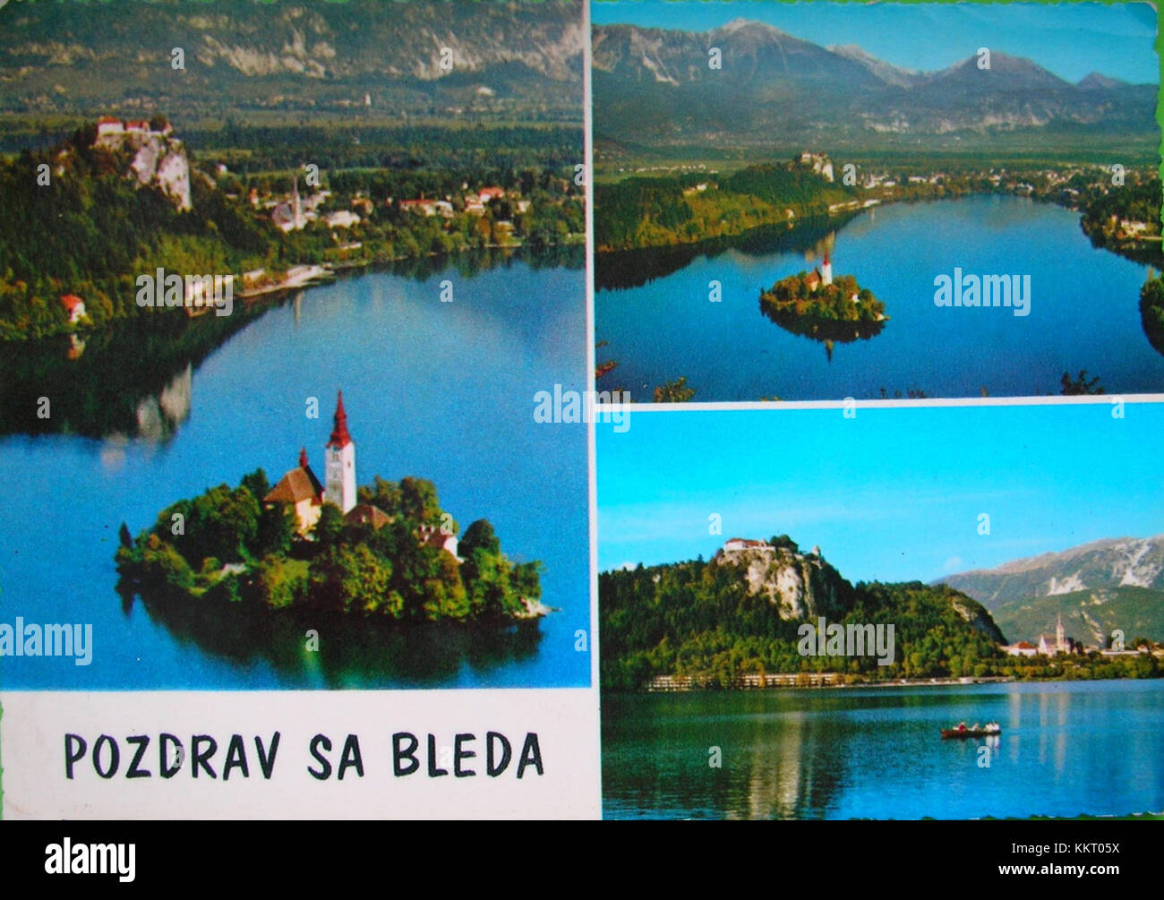 This postcard features the scenic view of Lake Bled in Slovenia, known ...