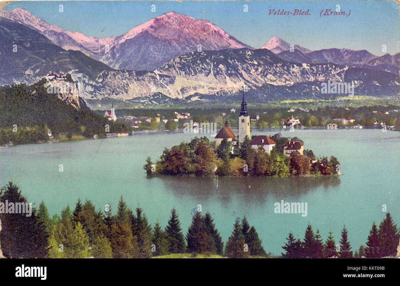 This 1915 postcard depicts Bled, Slovenia, showcasing its scenic views ...