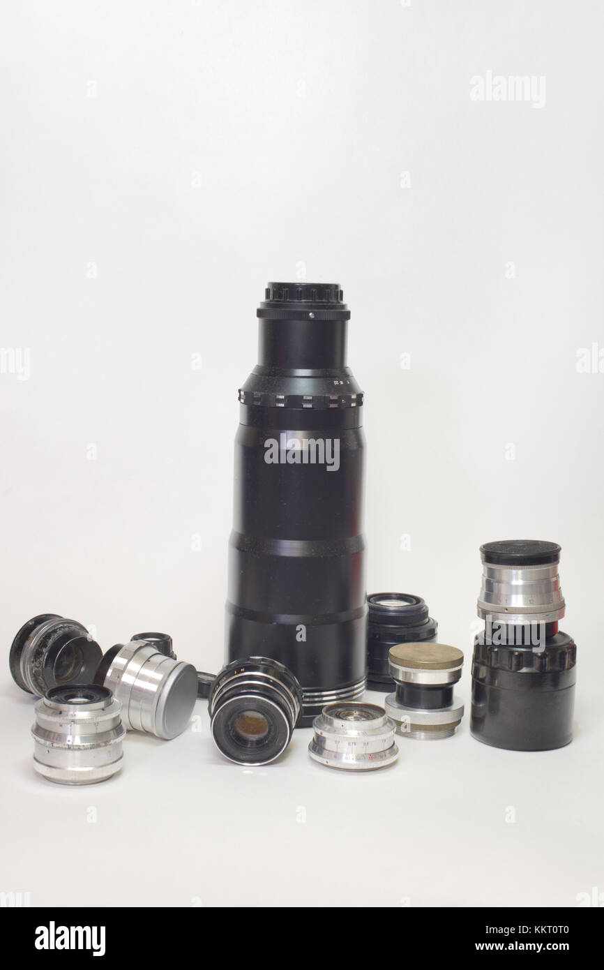 set of vintage lenses for different types of shooting. With covers and ...