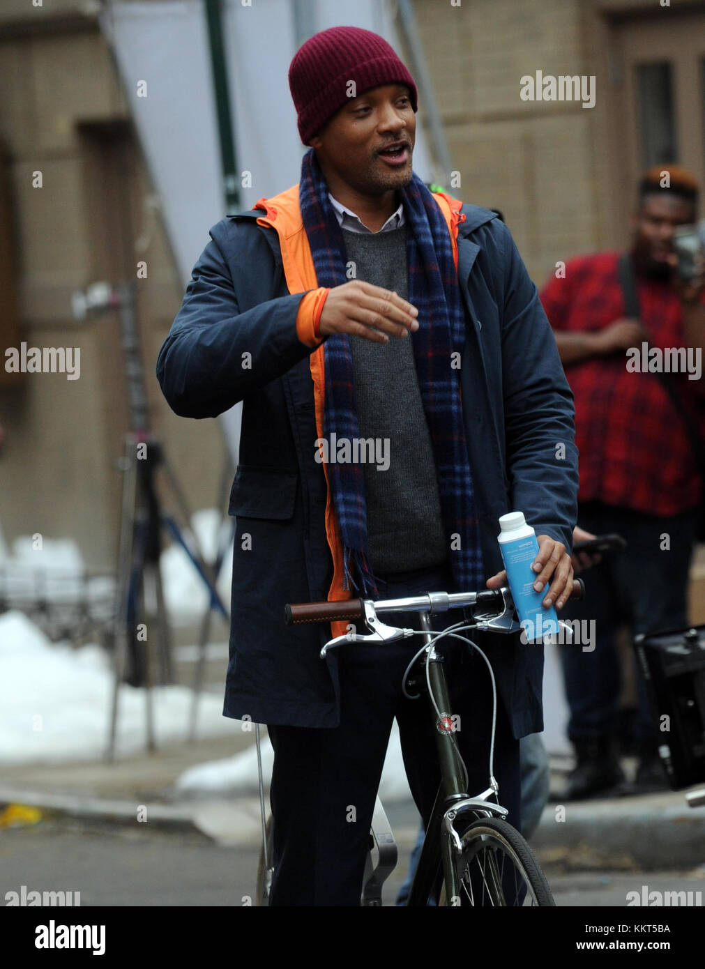 NEW YORK, NEW YORK - MARCH 31: Actor Will Smith rides a bike on the set ...