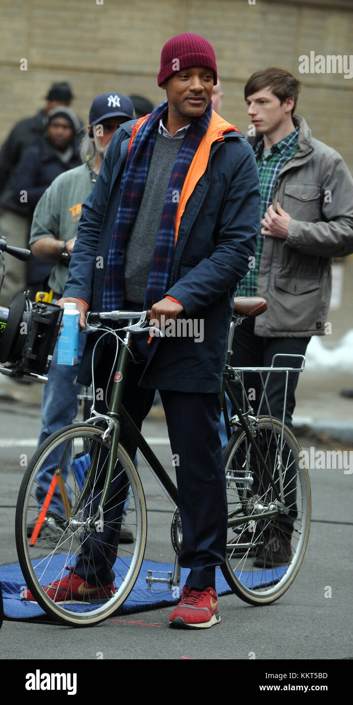 NEW YORK, NEW YORK - MARCH 31: Actor Will Smith rides a bike on the set ...
