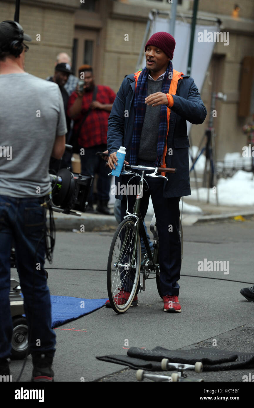 NEW YORK, NEW YORK - MARCH 31: Actor Will Smith rides a bike on the set ...