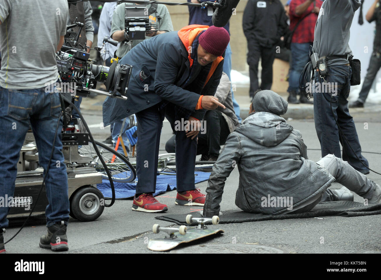 NEW YORK, NEW YORK - MARCH 31: Actor Will Smith rides a bike on the set ...