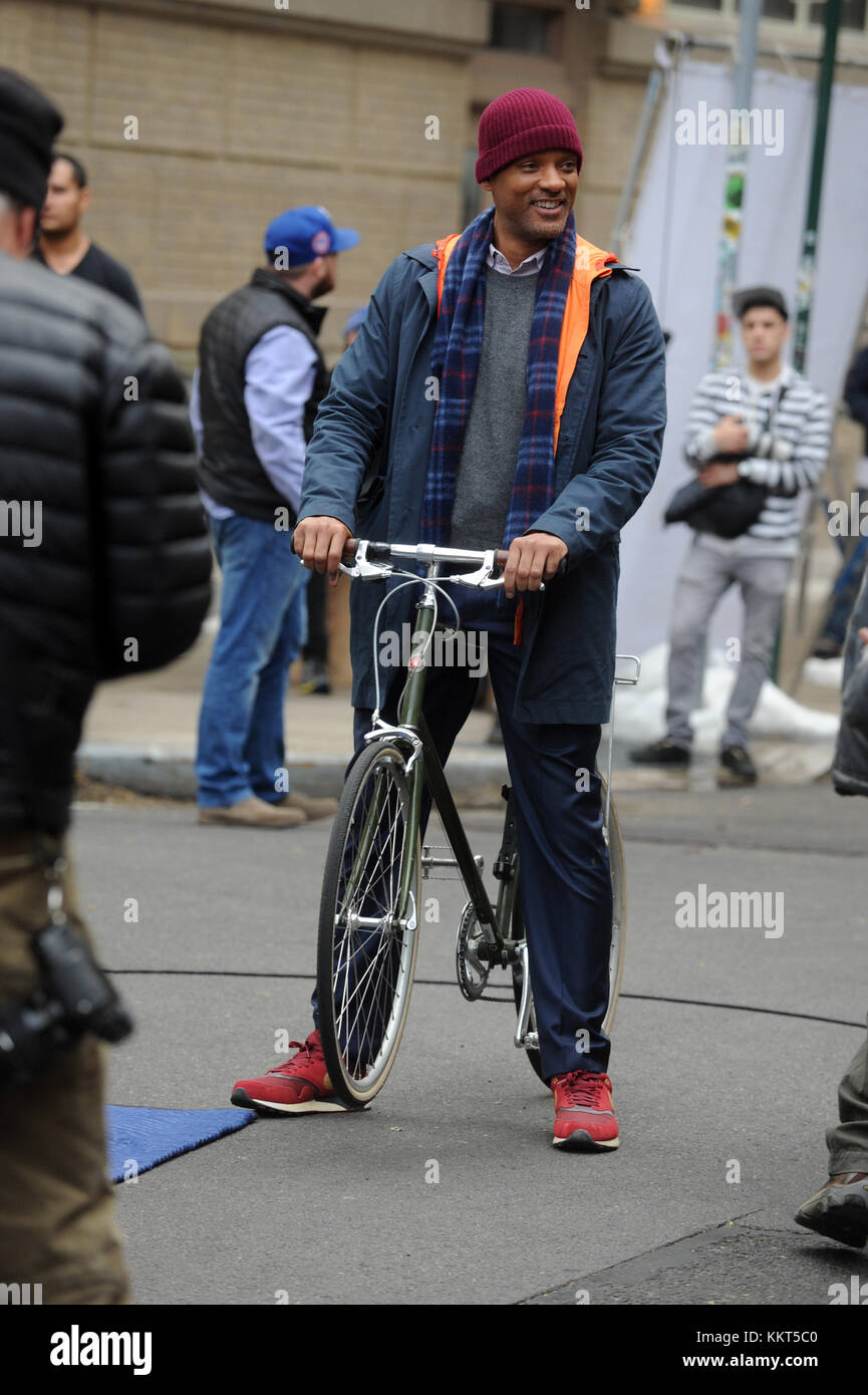 NEW YORK, NEW YORK - MARCH 31: Actor Will Smith rides a bike on the set ...