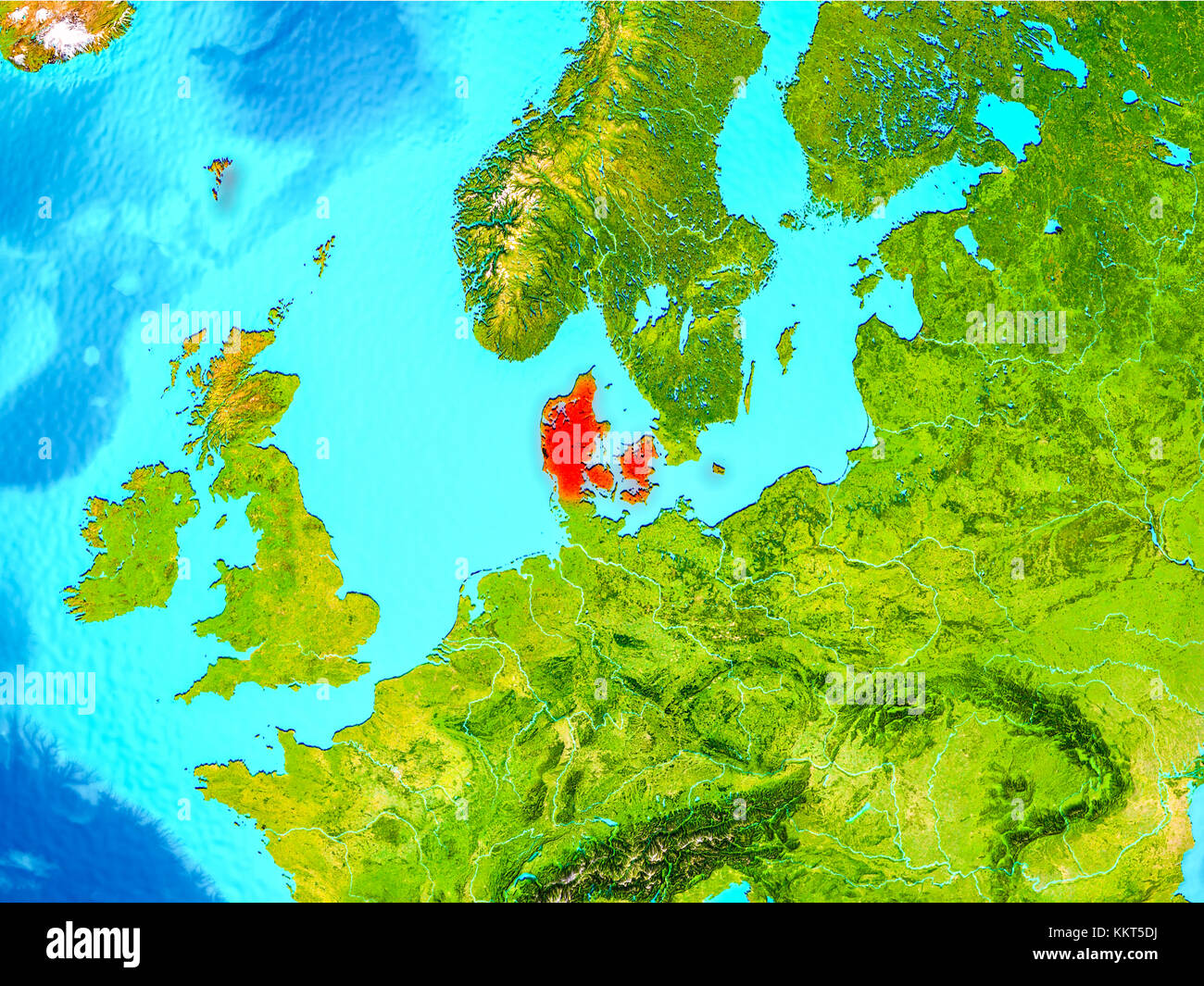 Denmark highlighted in red on planet Earth. 3D illustration. Elements of this image furnished by ...