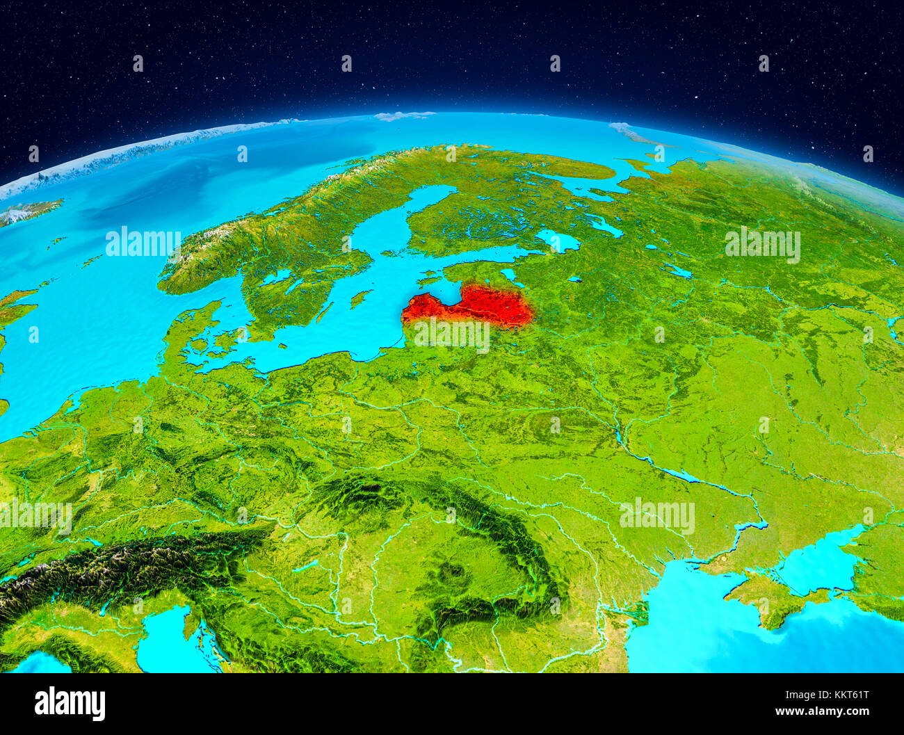 Satellite view of Latvia highlighted in red on planet Earth. 3D ...