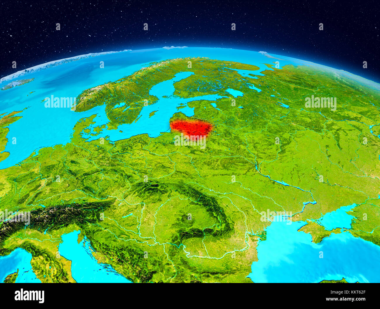Satellite view of Lithuania highlighted in red on planet Earth. 3D ...