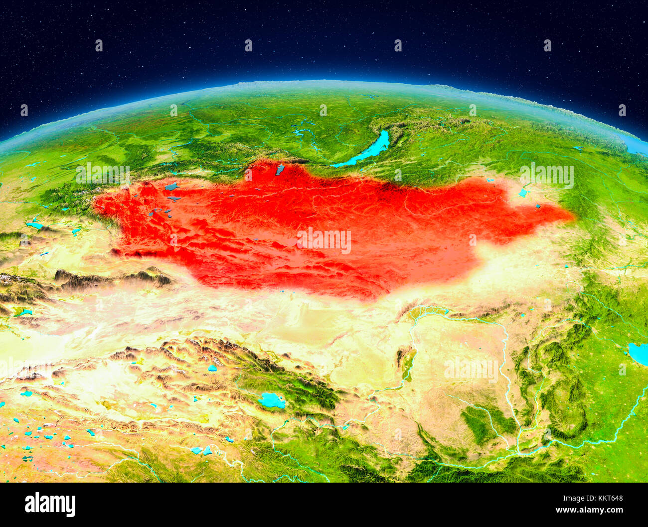 Satellite view of Mongolia highlighted in red on planet Earth. 3D ...
