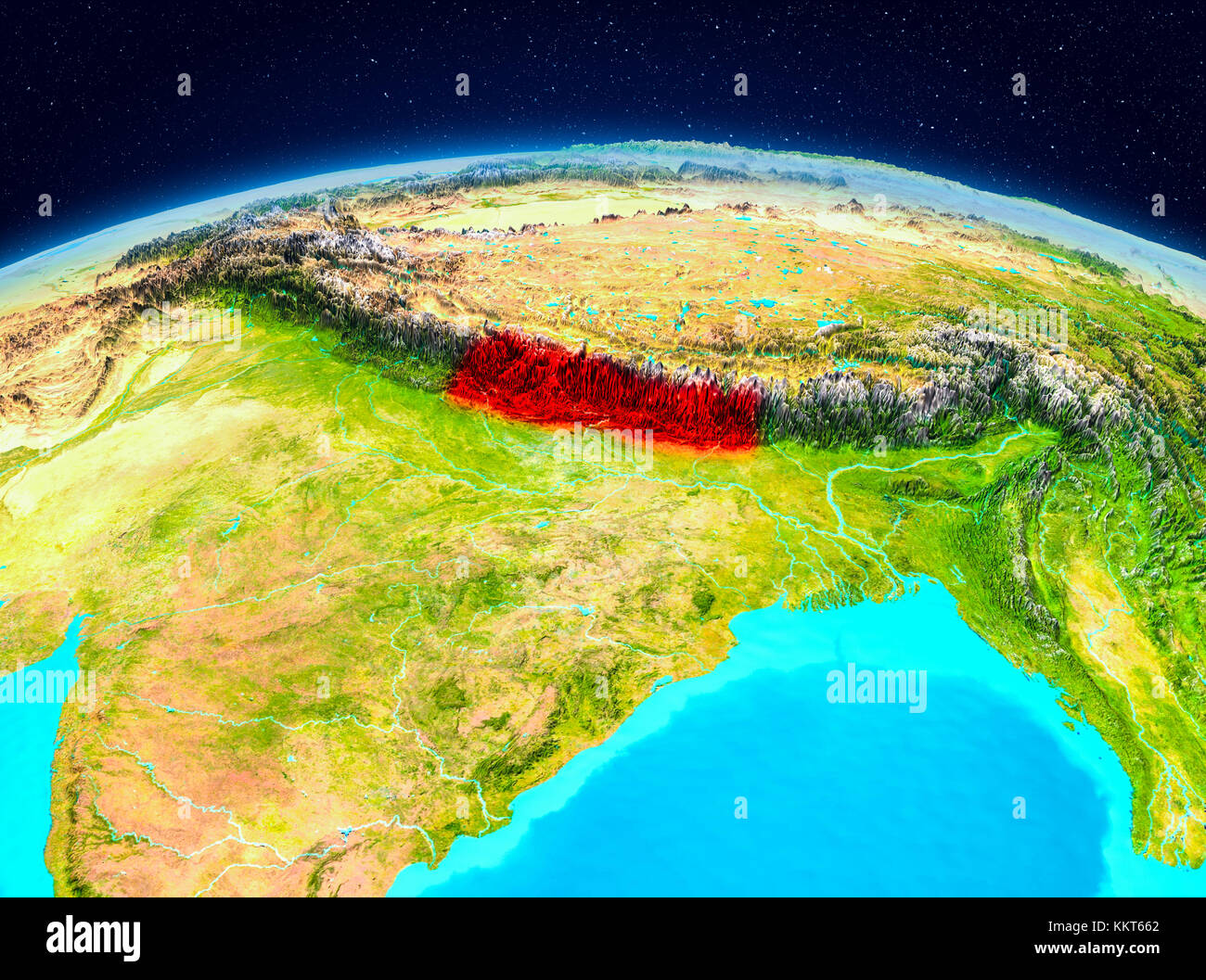 Satellite view of Nepal highlighted in red on planet Earth. 3D ...