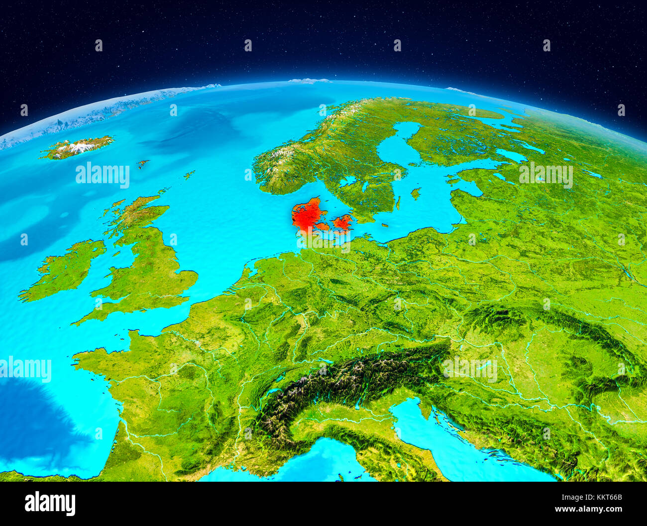 Satellite view of Denmark highlighted in red on planet Earth. 3D illustration. Elements of this ...